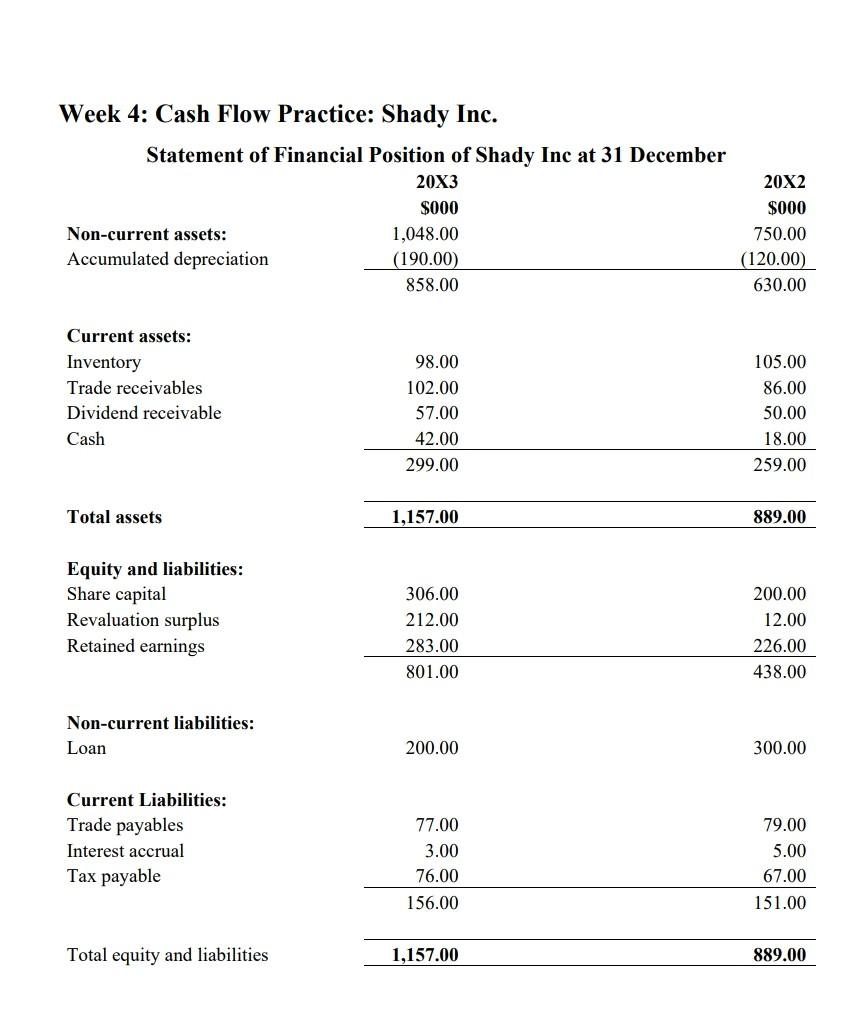 Solved Week 4: Cash Flow Practice: Shady Inc. Statement of | Chegg.com