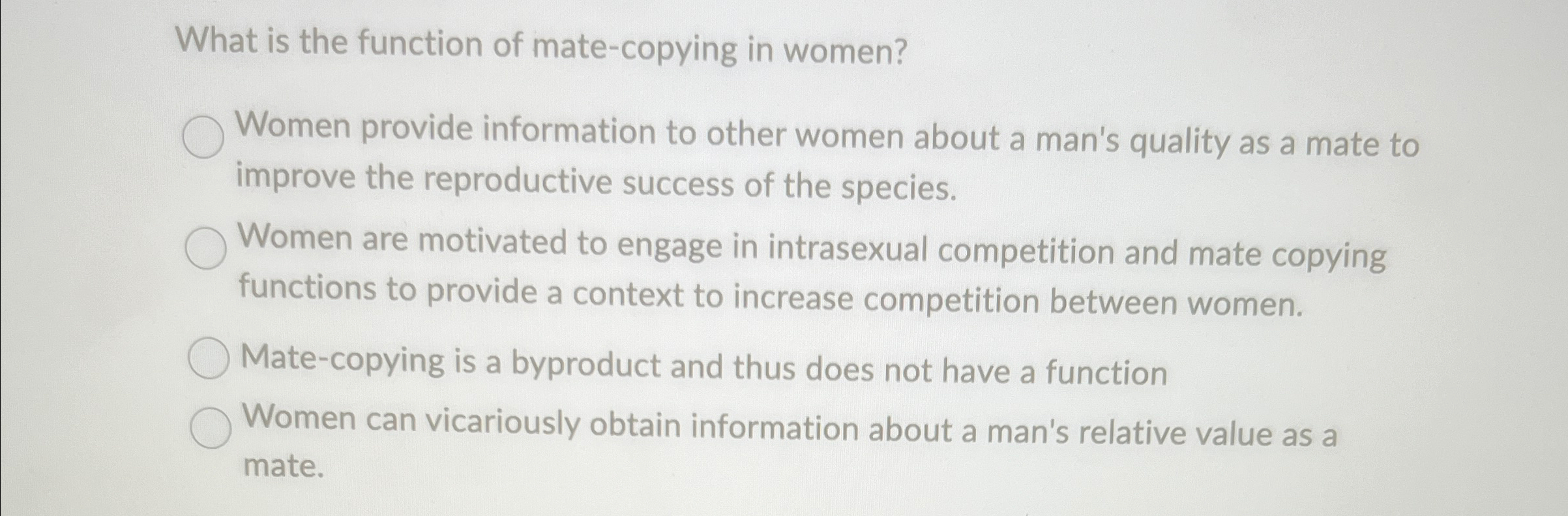 Solved What is the function of mate-copying in women?Women | Chegg.com