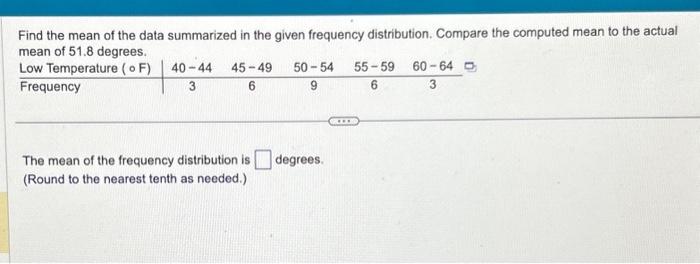 Solved Find the mean of the data summarized in the given | Chegg.com