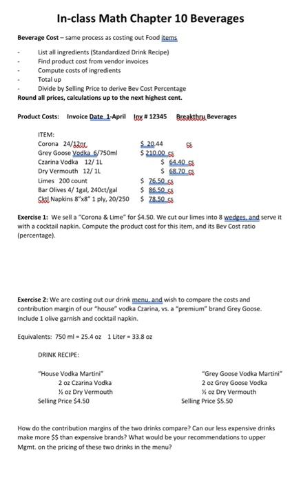 Solved In-class Math Chapter 10 Beverages Beverage Cost - | Chegg.com
