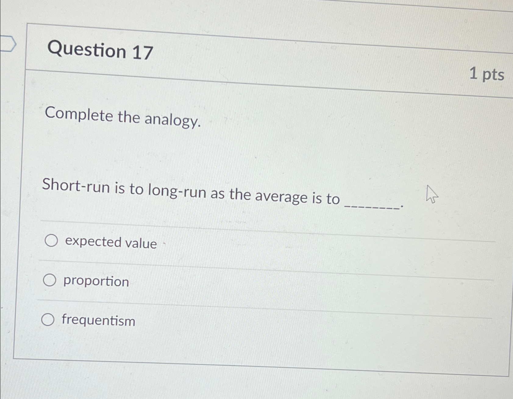 Solved Question 171ptsComplete the analogy.Short-run is to | Chegg.com