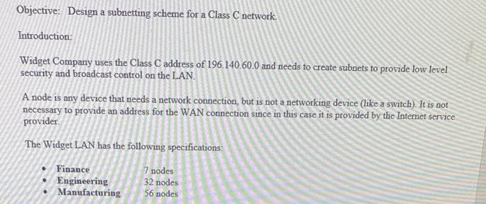 Solved Objective Design A Subnetting Scheme For A Class C