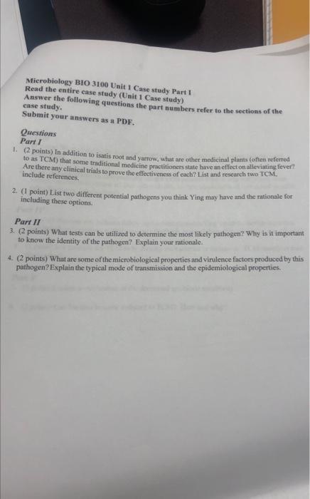 Solved Microbiology BIO 3100 Unit I Case study Part I Read | Chegg.com