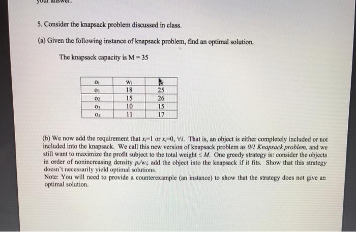 Solved 5. Consider the knapsack problem discussed in class. | Chegg.com