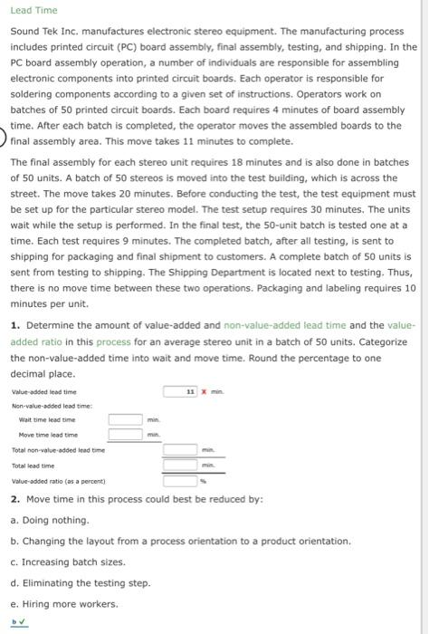 Solved Lead Time Sound Tek Inc, manufactures electronic | Chegg.com