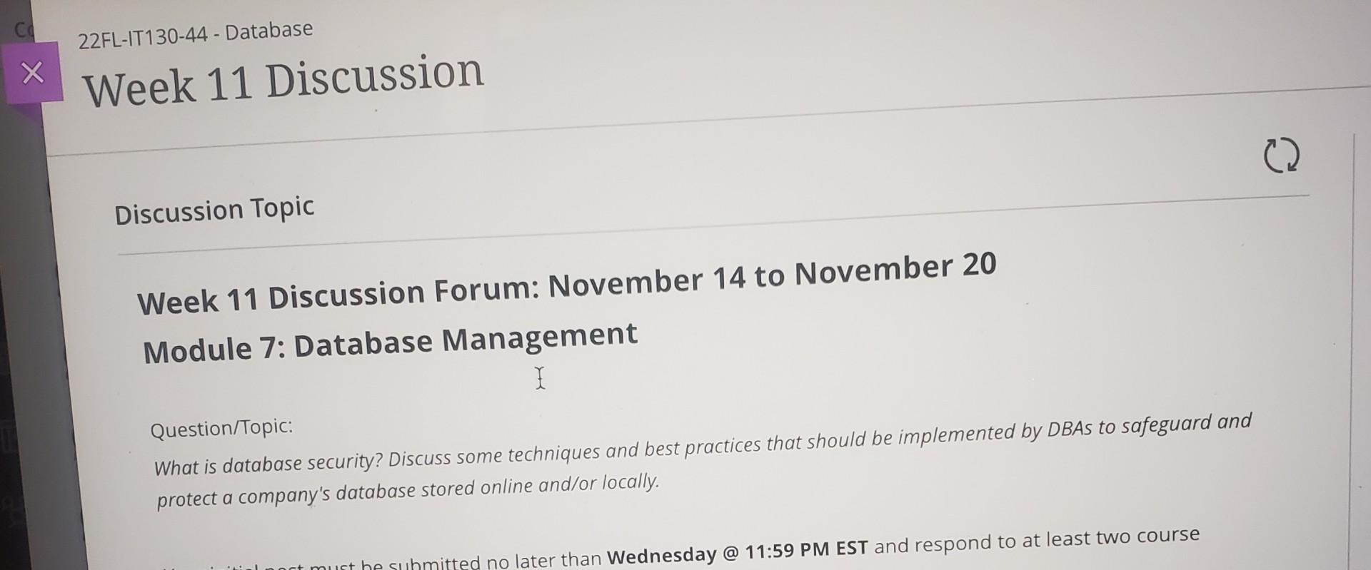 Solved Discussion Topic Week 11 Discussion Forum: November | Chegg.com