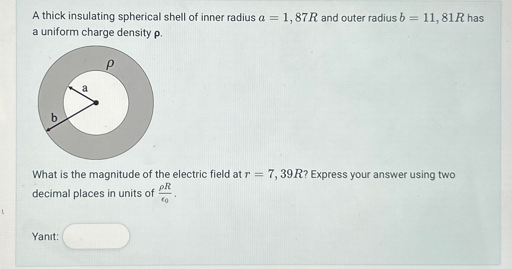 Solved A thick insulating spherical shell of inner radius | Chegg.com