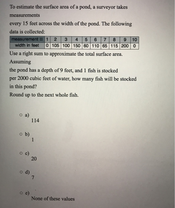 Solved To estimate the surface area of a pond, a surveyor | Chegg.com