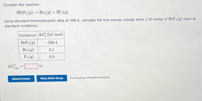 Solved Consider the reaction: 2BrF3(g)→Br2(g)+3 F2(g) Using | Chegg.com