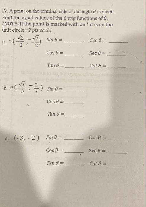 Solved IV. A point on the terminal side of an angle θ is | Chegg.com