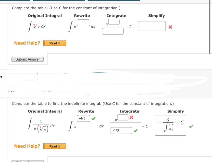 Solved both Complete the table. (Use C for the constant of | Chegg.com