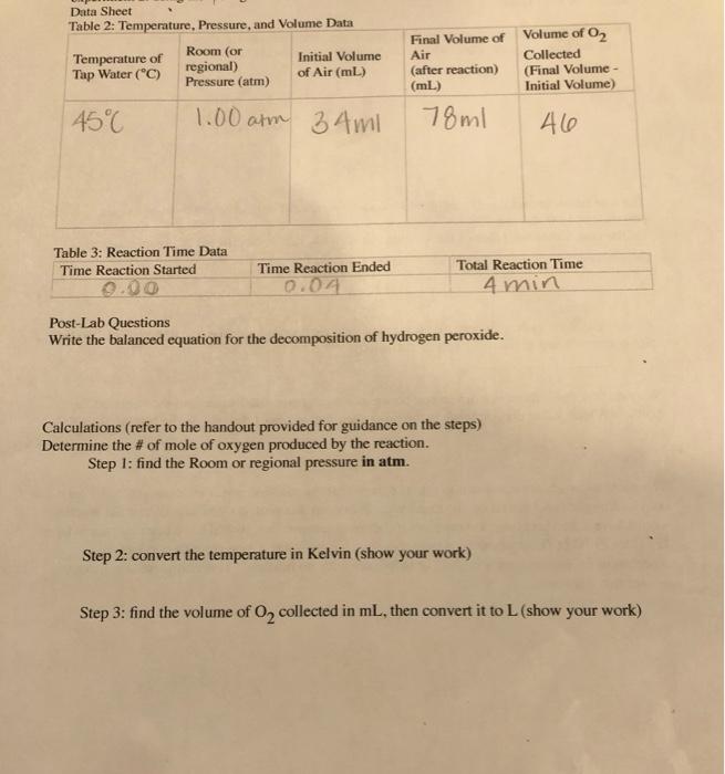 Solved Data Sheet Table 2: Temperature, Pressure, and Volume | Chegg.com