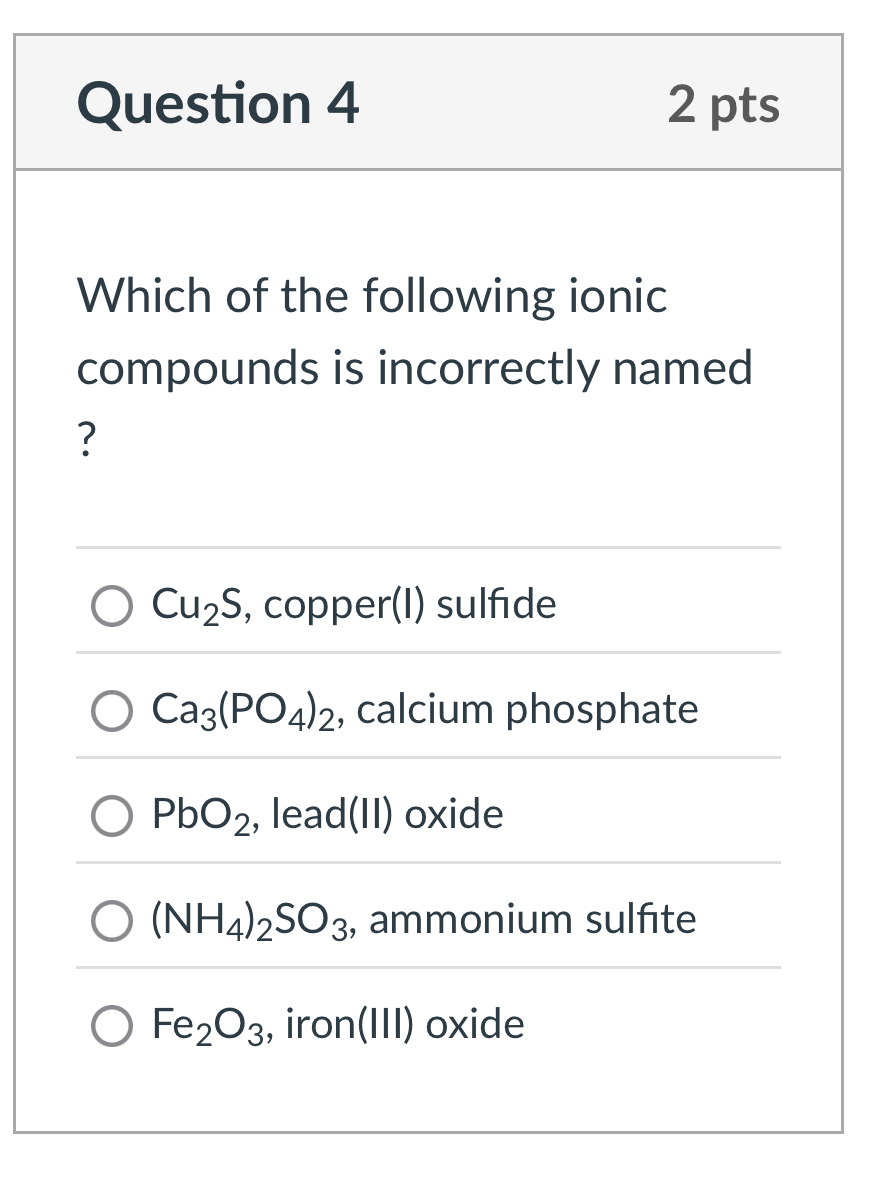 Solved Question 42 ﻿ptsWhich of the following ioniccompounds | Chegg.com