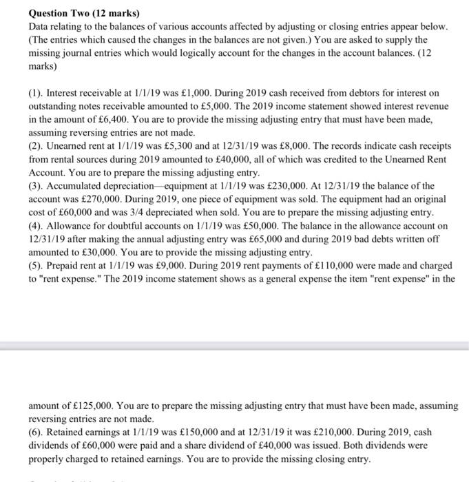 Solved Question Two (12 marks) Data relating to the balances | Chegg.com