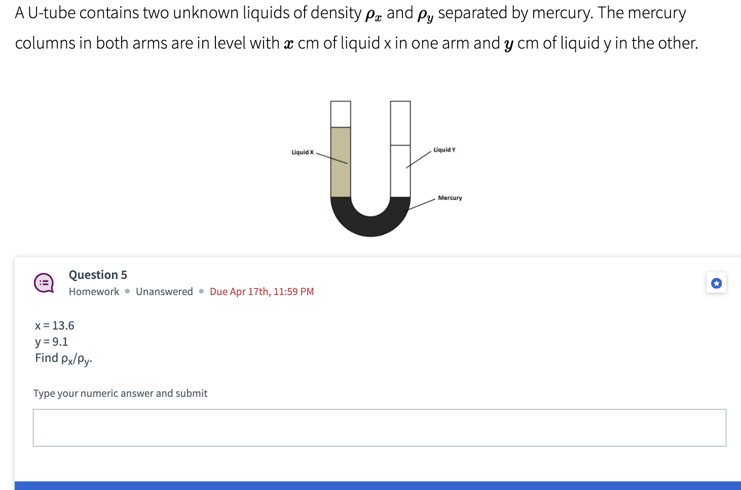 Solved A U-tube contains two unknown liquids of density ρx | Chegg.com