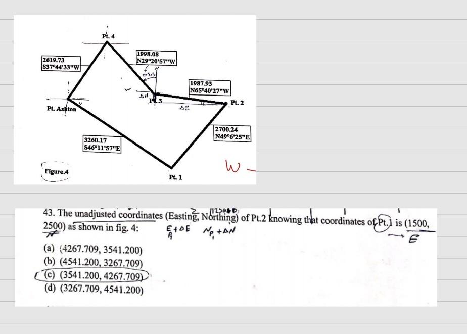 Solved 43. The unadjusted coordinates (Easting, Northing) of | Chegg.com