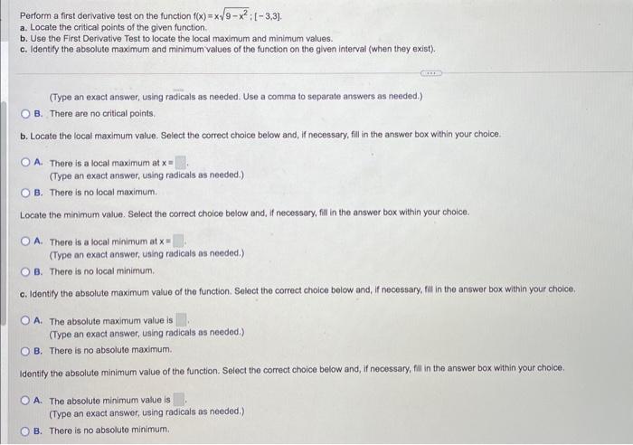Solved Perform a first derivative test on the function | Chegg.com