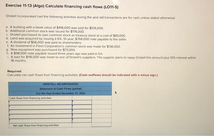 Solved Exercise 11-13 (Algo) Calculate financing cash flows | Chegg.com