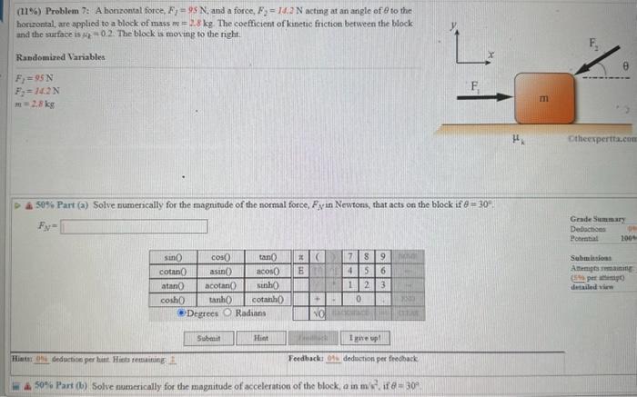 Solved (11\%) Problem 7: A borizontal force, Fγ=95 N, and a | Chegg.com