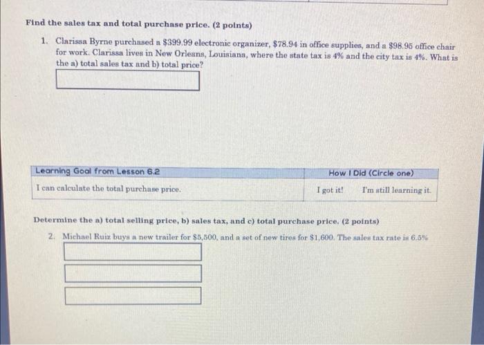 Solved Find the sales tax and total purchase price. (2 | Chegg.com