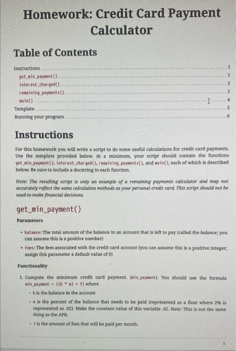 Solved Homework: Credit Card Payment Calculator Table of | Chegg.com