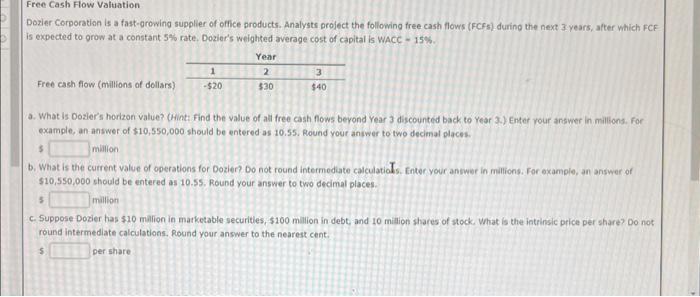 Solved Horizon Value of Free Cash Flows Current and | Chegg.com