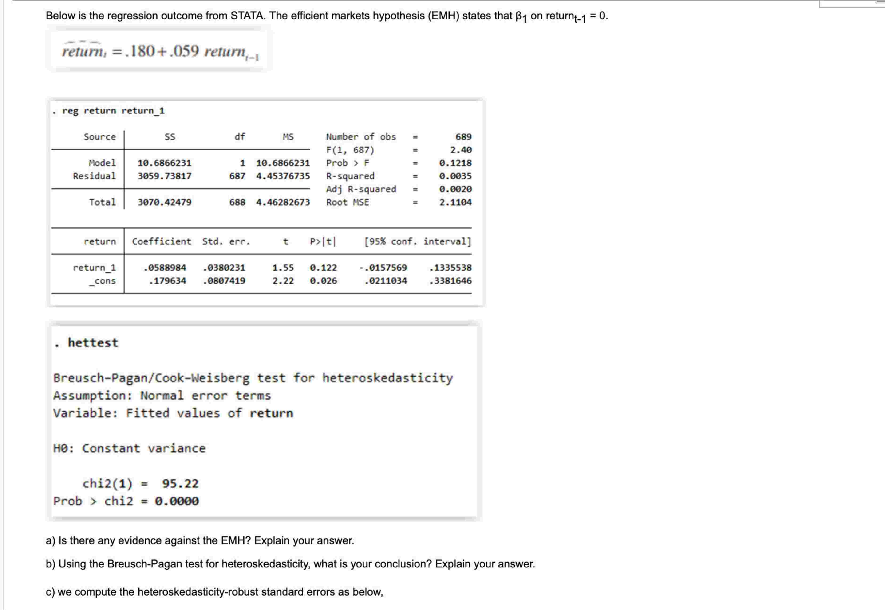 Solved Below is ﻿the regression outcome from STATA. The | Chegg.com