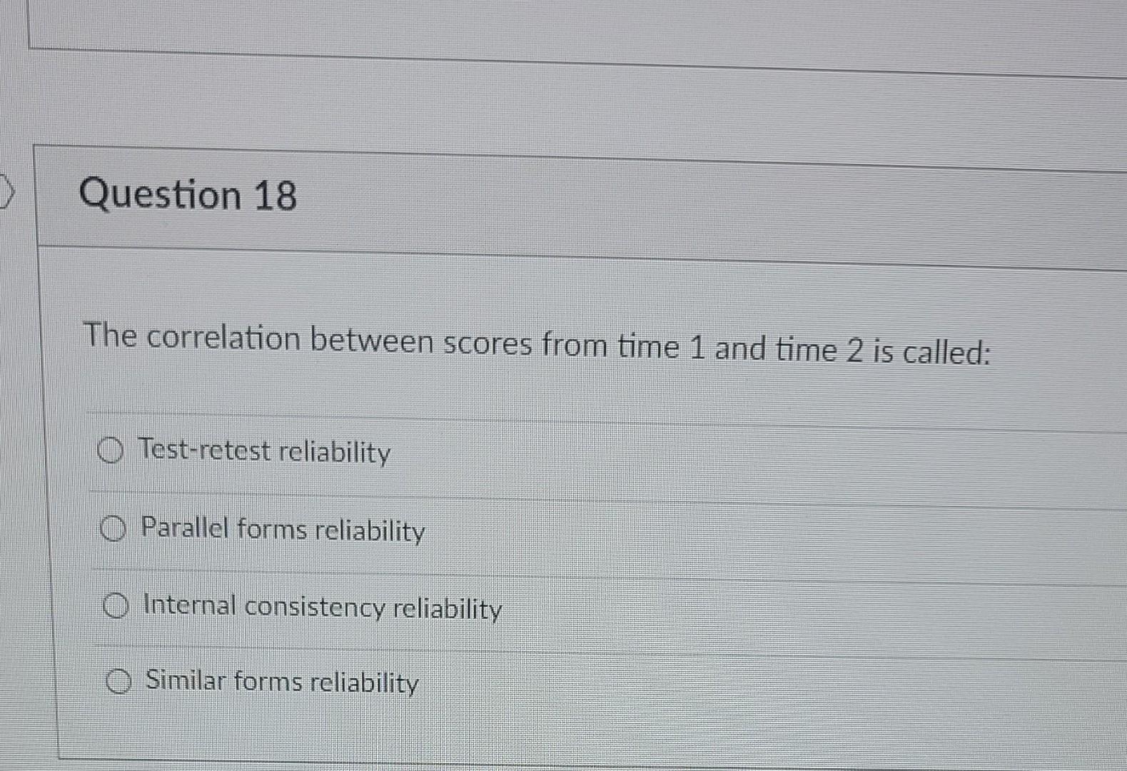 Solved Question 18 The correlation between scores from time | Chegg.com