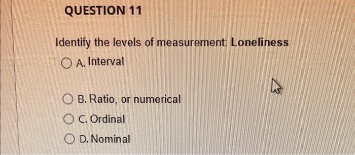 Solved Identify the levels of measurement: Loneliness A. | Chegg.com