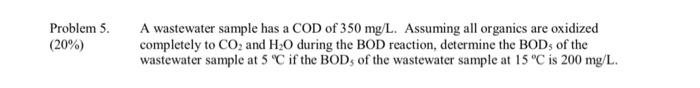Solved Problem 5. (20%) A wastewater sample has a COD of 350 | Chegg.com