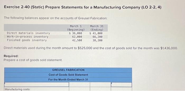 Solved Exercise 2-40 (Static) Prepare Statements for a | Chegg.com