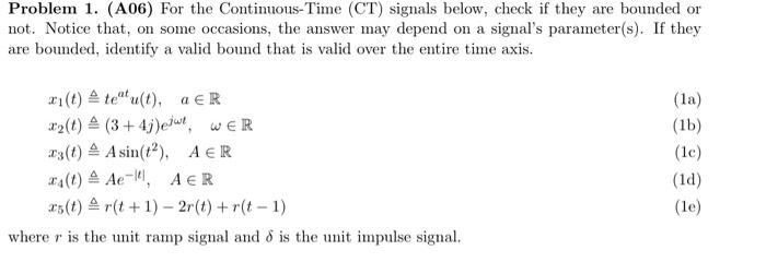 Solved Problem 1. (A06) For the Continuous-Time (CT) signals | Chegg.com