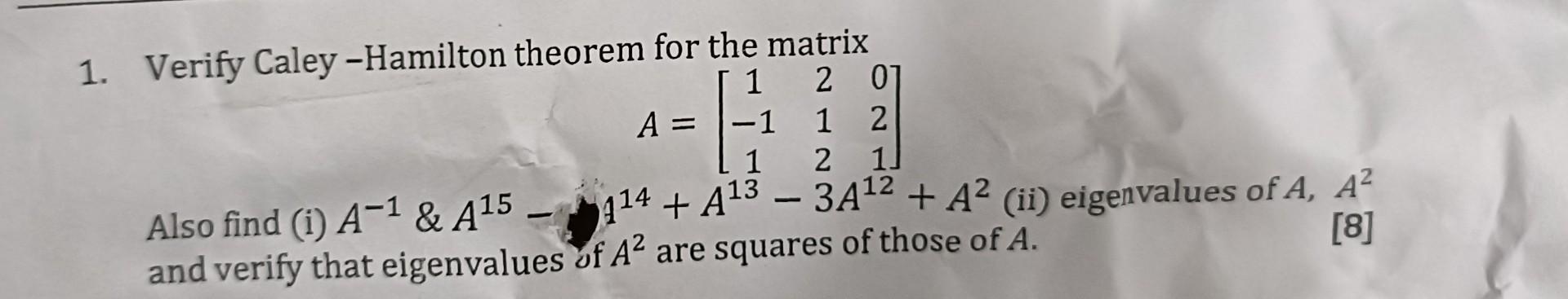 Solved 1. Verify Caley-Hamilton theorem for the matrix | Chegg.com