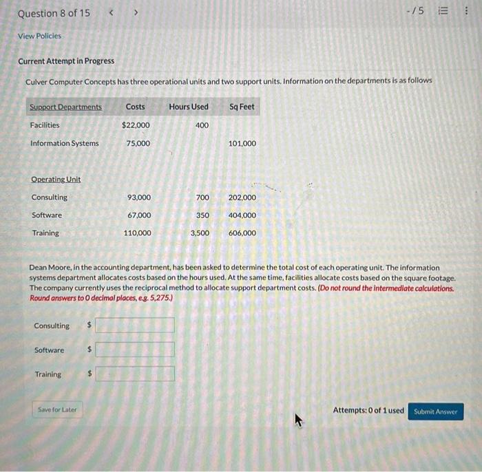 Solved View Policies Current Attempt in Progress Culver | Chegg.com