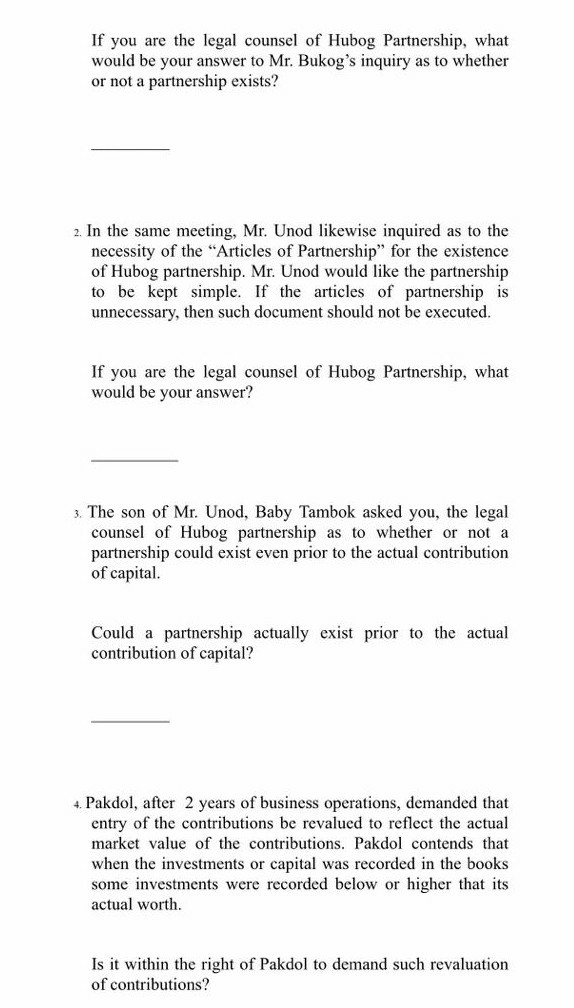Situation I. Mr. Unod, Bukog, Pakdol and Sabaw agreed | Chegg.com