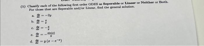 Solved (1) Classify each of the following first order ODES | Chegg.com