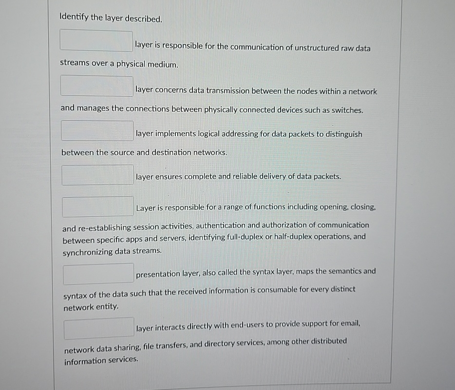 Solved Identify the layer described.layer is responsible for | Chegg.com