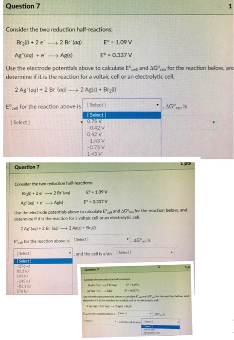 Solved Question 7 Consider the two reduction half-reactions: | Chegg.com