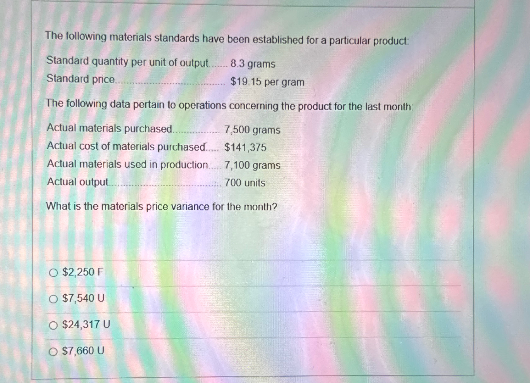 Solved The following materials standards have been | Chegg.com
