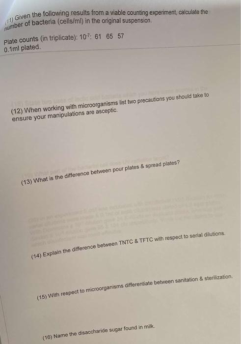 Solved (1) Given the following results from a viable | Chegg.com