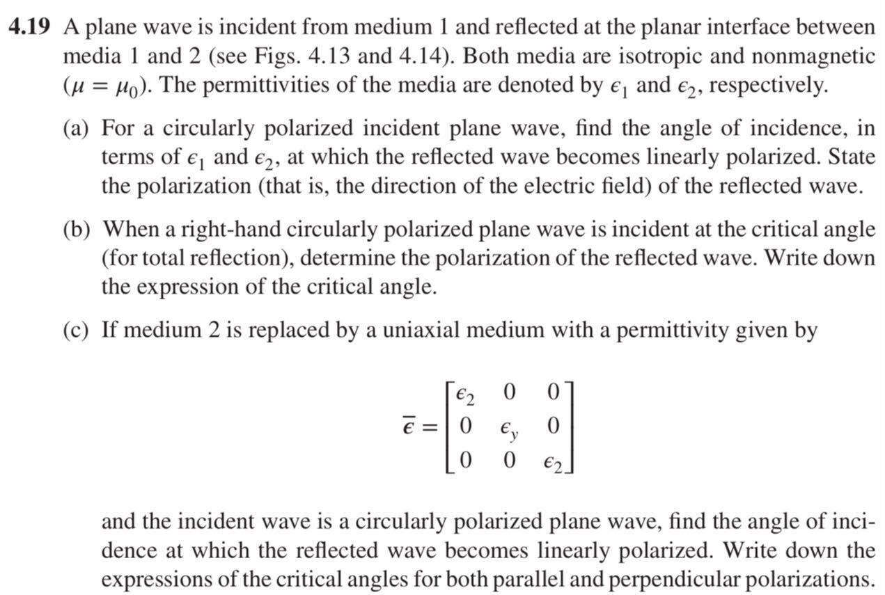 Solved 4.19 ﻿A plane wave is incident from medium 1 ﻿and | Chegg.com