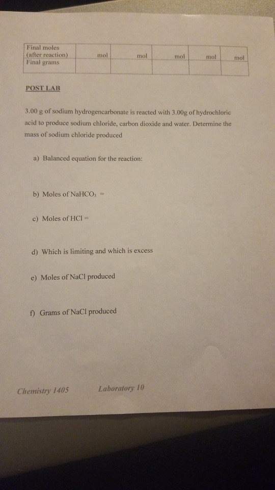Solved Chem 1405 Lab 10 Stoichiometry And Limiting Reactant
