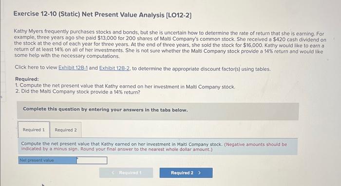 Solved Exercise 12-10 (Static) Net Present Value Analysis | Chegg.com