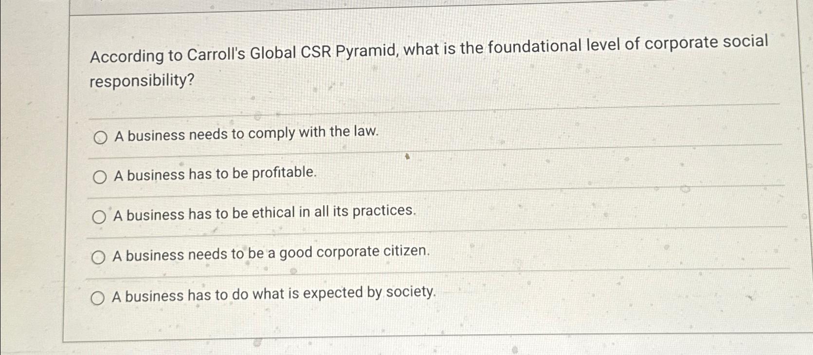 Solved According to Carroll's Global CSR Pyramid, what is | Chegg.com