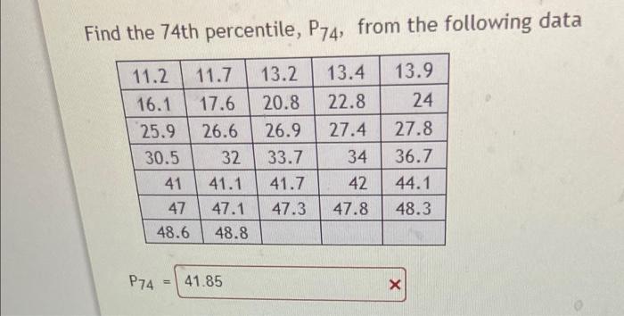 Solved Find the 74th percentile, P74, from the following | Chegg.com