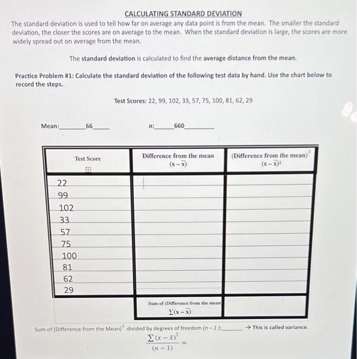 Solved CALCULATING STANDARD DEVIATION The standard deviation | Chegg.com
