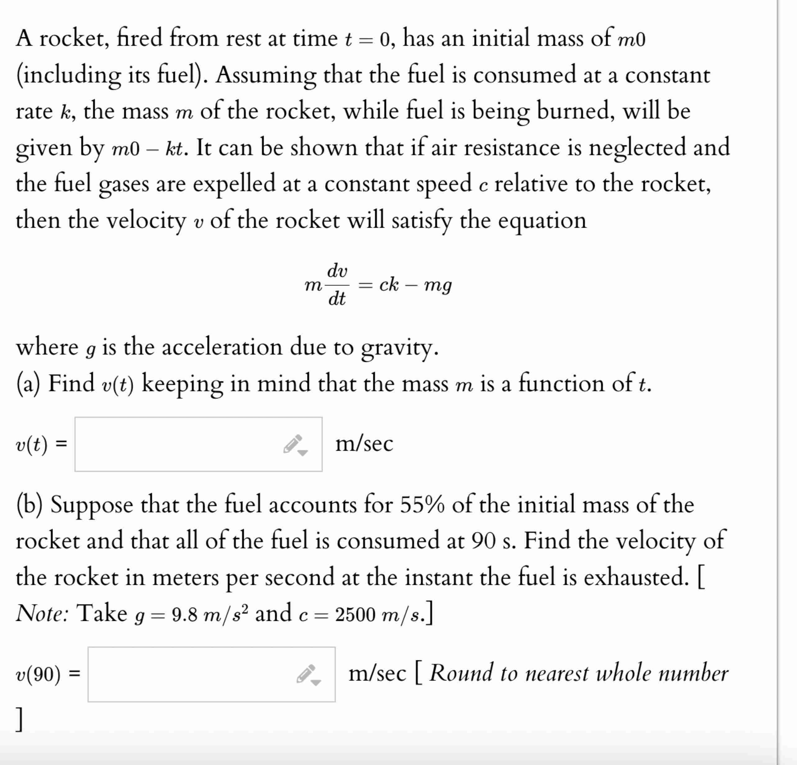 Solved A rocket, fired from rest at time t=0, ﻿has an | Chegg.com