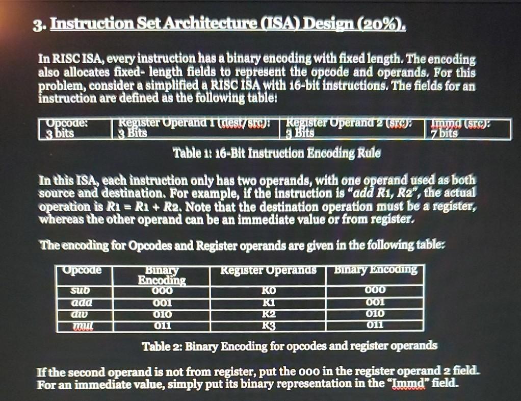 Solved 3. Instruction Set Architecture (ISA) Design (20%). 3 | Chegg.com