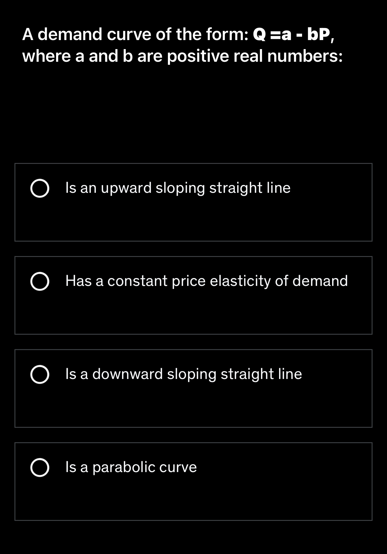 Solved A demand curve of the form: Q=a-bP, ﻿where a and b | Chegg.com