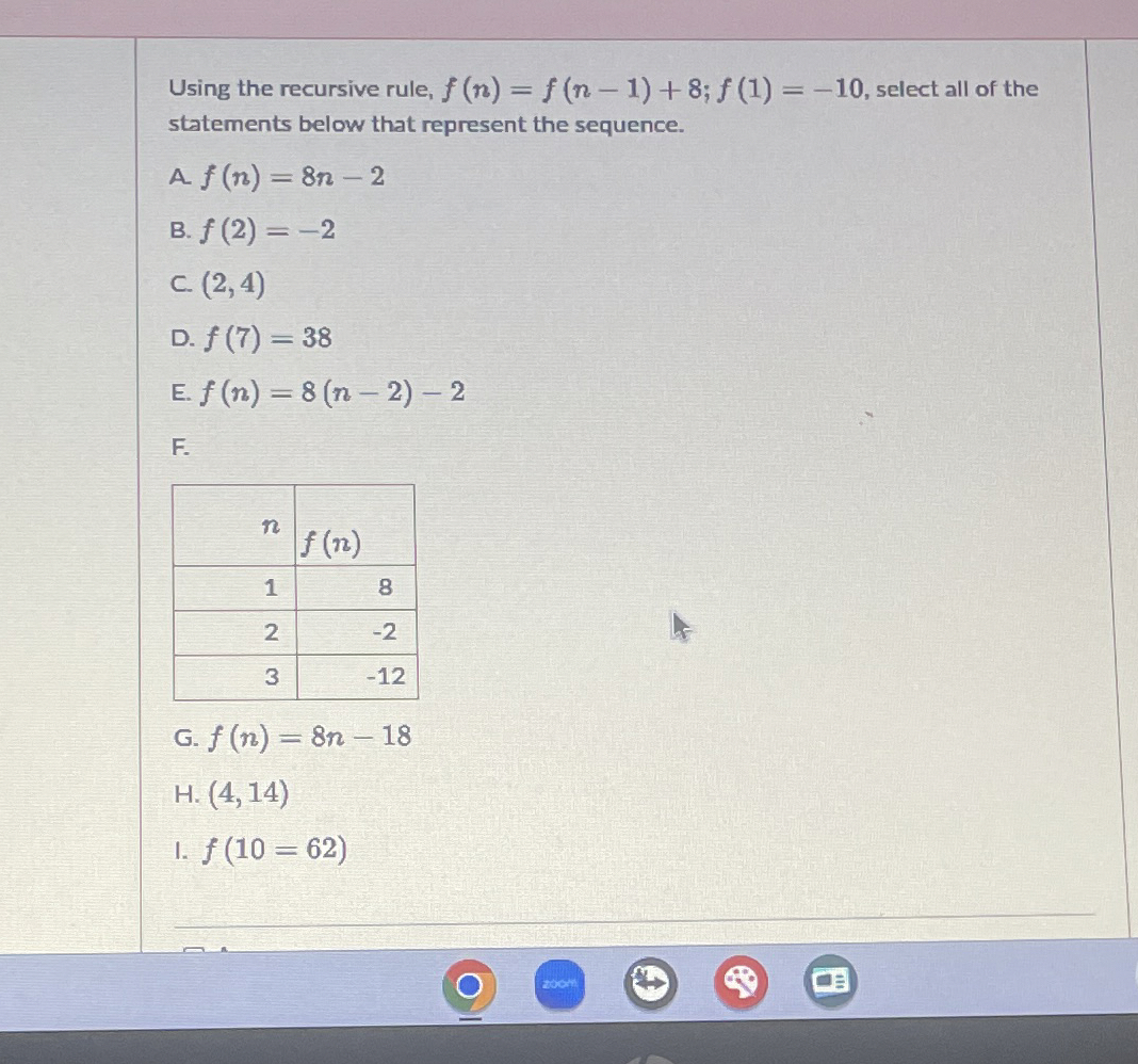 Solved Using the recursive rule, f(n)=f(n-1)+8;f(1)=-10, | Chegg.com